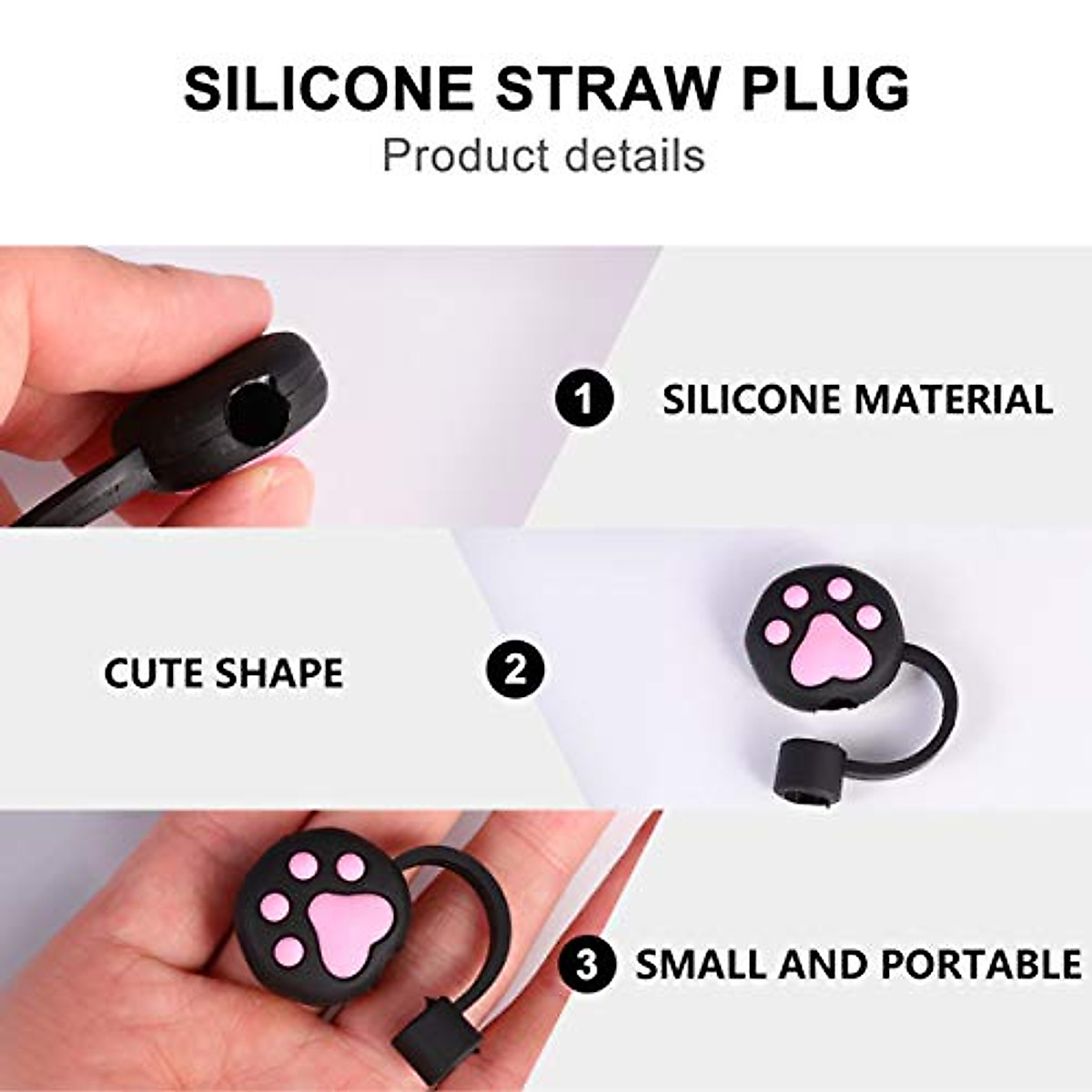 Abaodam 2Pcs Silicone Straw Plugs Straw Tips Cover Straw Protector Caps for Reusable Straw (Black Cat Paw)