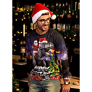Arvilhill Christmas Mens Funny Holiday Xmas Santa Dinosaur Long Sleeve Sweater Ugly 3D Printed Party Sweatshirt M