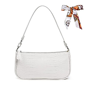 Retro Classic Clutch Bag for Women, Crocodile Leather Underarm Bag Small Purse with Ribbon, Zipper Closure, #2 White