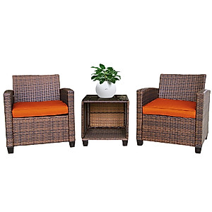 XZHQHB Patio Furniture Set of 3 Wicker Sofa Set with Soft Cushion Bistro Conversation Set Porch Outdoor PE Rattan Garden Chairs Sets with Tempered Glass Top Coffee Table, Brown and Orange
