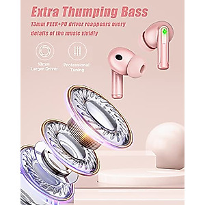 Wireless Earbuds Bluetooth 5.1 Headphones 4-Mics Clear Call ENC Noise Cancelling Ear Buds Deep Bass 30Hrs Playtime with USB-C Charging Case IPX7 Waterproof in-Ear Earphones for Android and iPhone Pink