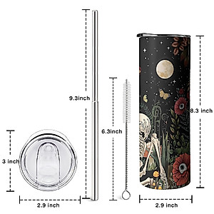 thmasamwr Mushroom Skinny Tumbler With Straw and Lid, Stainless Steel 20oz Insulated Coffee Travel Mug, Skeleton Mushroom Cups for Goth Mushroom Lovers Gifts for Women and Girls