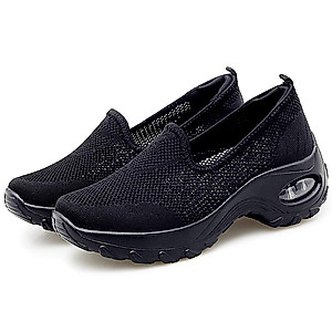 Aconhop Platform Sneakers Casual Shoes Women Slip-on Wedges Mesh Breathable Non-Slip Comfort Walking Shoes Black-36