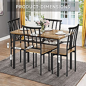 IDEALHOUSE Dining Table Set for 4, Kitchen Table with 4 Chairs, Metal and Wood Rectangular 5-Piece Dining Table Furniture Set with Storage Rack for Small Space, Apartment, Dinette(Rustic Brown)