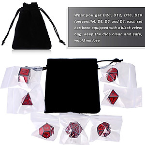 Bememo Polyhedral Metal Dices Set Zinc Alloy with Enamel Solid Metal Compatible with DND Game, Tabletop RPG, Dungeons and Dragons, Math Teaching, 7 Pieces Dice Set with Black Velvet Bag (Black Red)