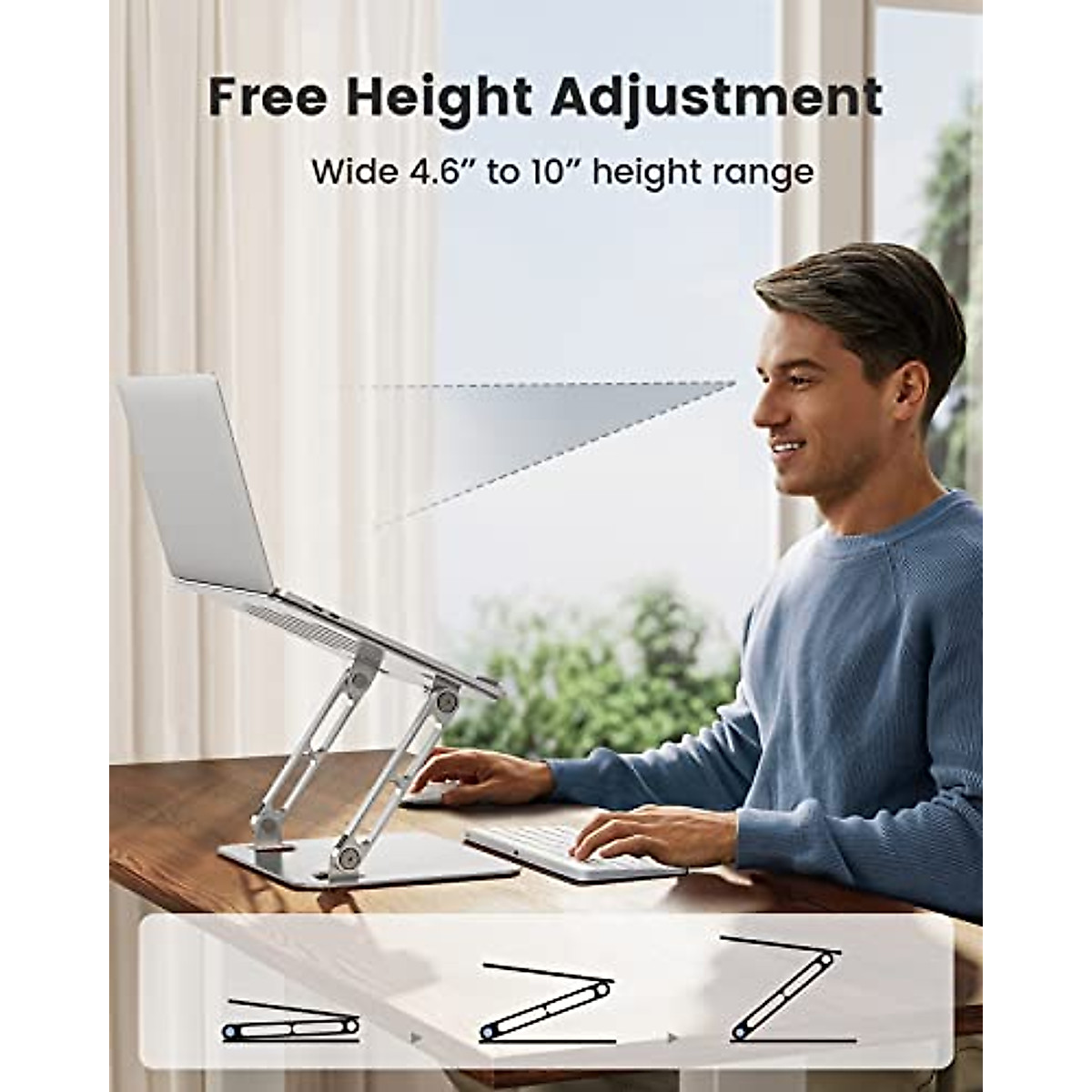 HUANUO Adjustable Laptop Stand, Aluminum Laptop Riser, Ergonomic Laptop Stand for Desk, Notebook Computer Stand Holder Compatible with 10-17” Laptops, Silver, HNLS07S