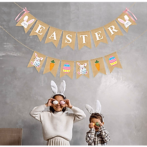 JOZON Easter Burlap Banner and Bunny Easter Eggs Carrot Burlap Banner Easter Banner Garland with Bunny Rabbit Signs and Bows Easter Decorations Party Decor for Easter Spring Party Supplies