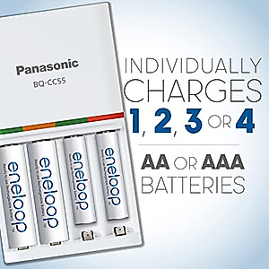 Panasonic BQ-CC55SBA Advanced eneloop Individual Rechargeable Battery 3 Hour Quick Charger with 4 LED Color Charge Indicator Lights