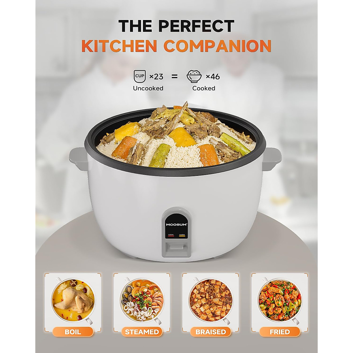 MOOSUM Commercial Rice Cooker, Large Capacity 23-Cup (UnCooked), 46-Cup (Cooked) with One Touch Operation and 12-Hour Keep Warm,Easy to Use and clean,1600W