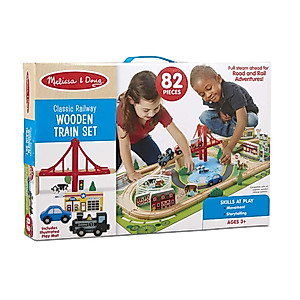 Melissa & Doug Classic Railway Wooden Train Set (82 Pieces ââ‚¬â€œ Magnetic Trains, Car, Tracks, Buildings, Play Figures)