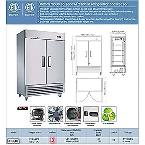 Commercial Refrigerator 2-Doors Solid Upright Reach in Two Section Stainless Steel 54" Width, Capacity 43 Cuft, Bottom Mounted Restaurant Quality Kitchen Cooler Fridge Side by Side
