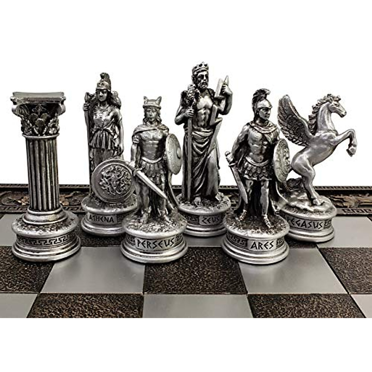 Greek Mythology Olympus Gods Zeus vs Poseidon Pewter and Bronze Color Chess Set with 17" Greek Board