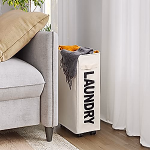 Chrislley 45L Slim Laundry Hamper with Wheels Narrow Rolling Laundry Basket Foldable Dirty Clothes Portable Skinny Hamper Organizer Storage Bins (23.2 inches, Beige 3)
