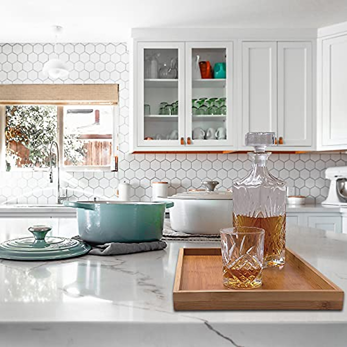 Bam & Boo - Natural Bamboo Rectangle Serving & Vanity Tray - for Kitchen Bathroom Countertop, Coffee Table (Large, 13.75inch x 10.25inch x 1.2inch), Beige