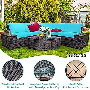Tangkula 6 Piece Wicker Patio Furniture Set, Outdoor All Weather PE Rattan Conversation Set w/Tempered Glass Coffee Table, Sectional Sofa Set w/Comfortable Cushions for Backyard, Garden (Turquoise)