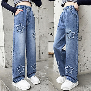 FLOWERKIDS Kids Girls Jeans Elastic Print Casual Baggy Denim Pants Straight Wide Leg Jeans Age 4-14 Years (12-13 Years, Blue - Star Print)