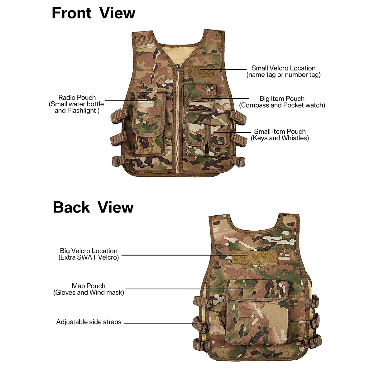 SATINIOR Kids Tactical Vest Army Combat Vest Outdoor with Half Finger Fingerless Short Gloves Breathable (Camouflage Style)