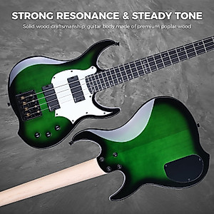 Asmuse Headless Electric Bass Guitar, Full Size Electric Bass Guitar Kit, HH Pickup Solid Body Electric Bass Guitar, Guitar Beginner Set with Gig Bag and Accessories (Green)