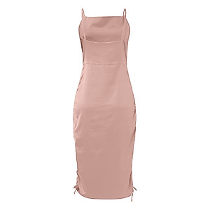 MOBCTG White Dress, Women's Fashion Casual Solid Color Camisole Drawstring Satin V-Neck Open Back Pleated Dress That Hide Belly Fat Black Dresses Boho Dress Sundresses for Women (M, Pink)