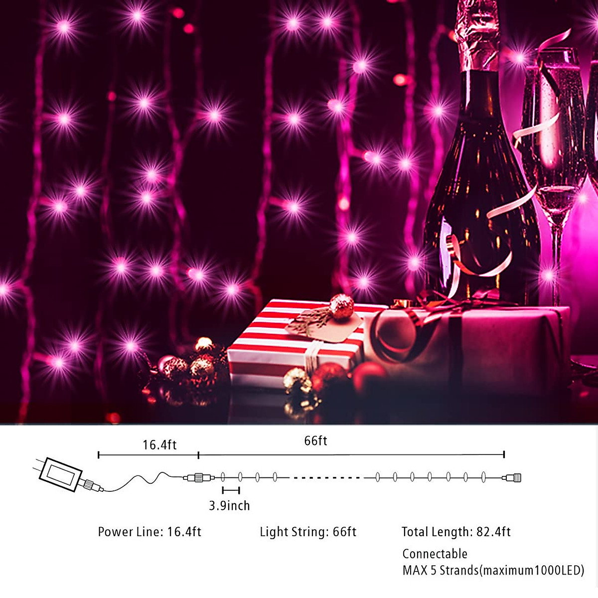200 LED Pink Outdoor String Lights, 66 FT Valentine Fairy Lights with 8 Modes Clear Wire, Pink Romantic Twinkle Christmas Lights Waterproof for Room Wedding Girls Birthday Party Gifts Indoor Decor