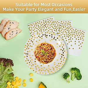CENLBJ Disposable Plates 100 Pack - White & Gold Paper Plates 50 x 7, Gold Dot Napkins 50 x 6.5, Party Supplies for Weddings, Birthdays & All Occasions