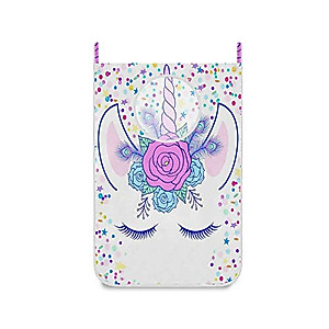Cream Unicorn Magic Head Door Hanging Laundry Hamper Bag Floral Unicorn Space Saving Wall Large Laundry Basket Storage Dirty Clothes Bags with Bottom Zippers Hooks for Bathroom Bedroom 1 Pcs