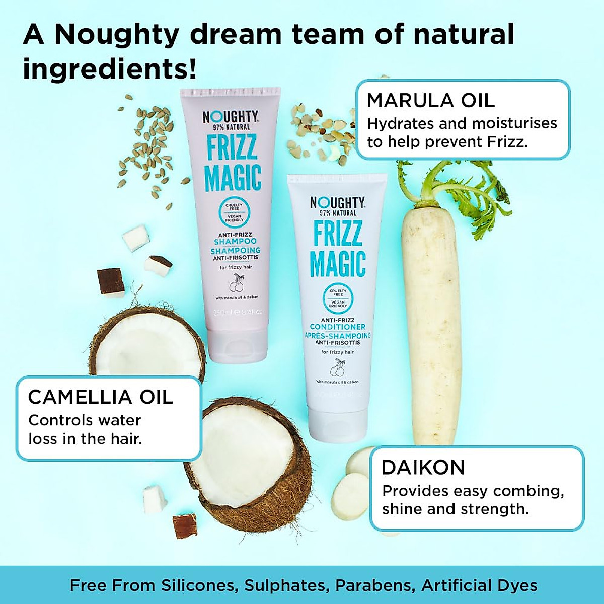 Noughty 97% Natural Frizz Magic Conditioner, Anti Frizz Cleanser for Frizzy and Curly Hair to Smooth and Shine with Marula Oil and Daikon, Sulphate Free Vegan Haircare 250ml