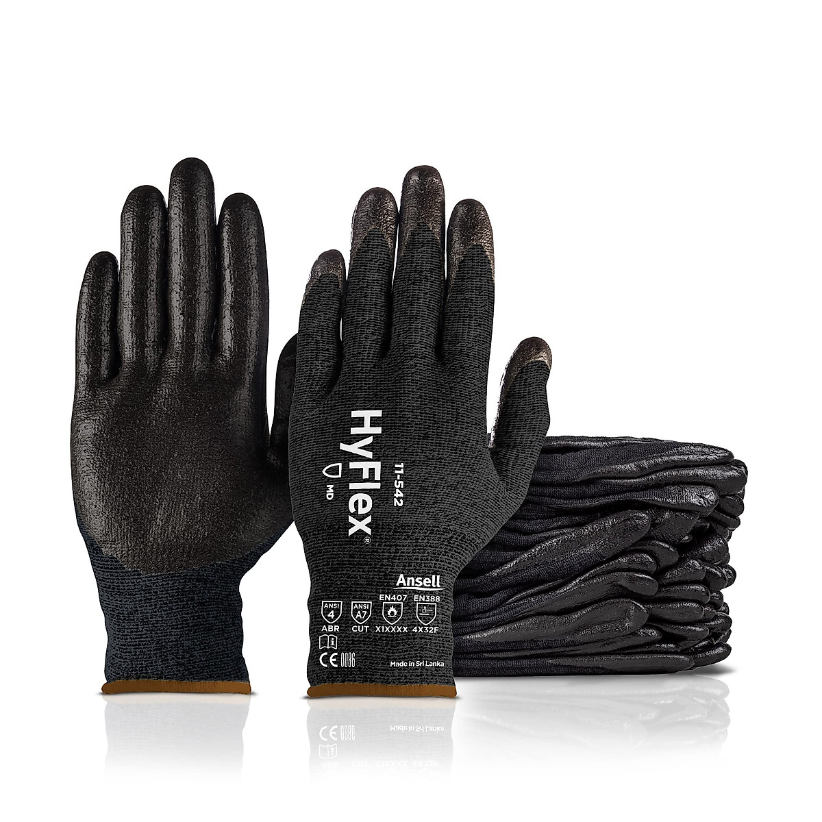 HyFlex 11-542 Cut/Heat-Resistant Kevlar Mechanical Work Gloves w/Nitrile Palm for Machinery, EMS, Automotive - Size 9, Black (12 Pairs)