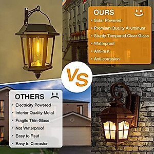 2 Pack Solar Lanterns Outdoor Waterproof Hanging Lights, Metal Solar Hanging Lanterns Outdoor with Clear Glass & Hook, Anti-Rust LED Solar Wall Lantern Sconce Light Fixture for Garden, Porch, Fence