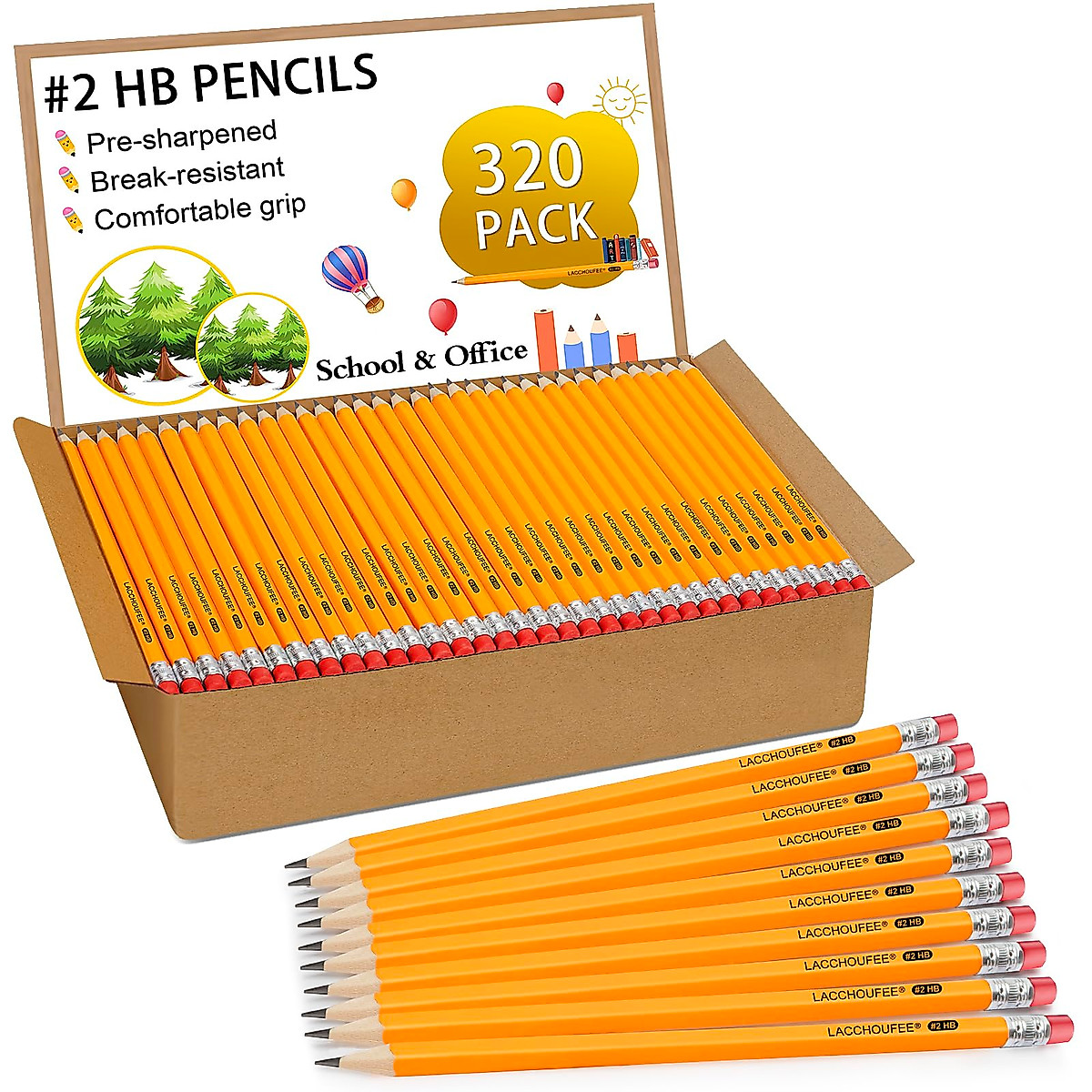 LACCHOUFEE 320 Pack #2 Pencils Bulk Pre-sharpened Pencils with Eraser top, 2 HB Pencils for Writhing Drawing, Yellow Wood-Cased Pencils in Bulk for Office, School, Teacher and Classroom Supplies