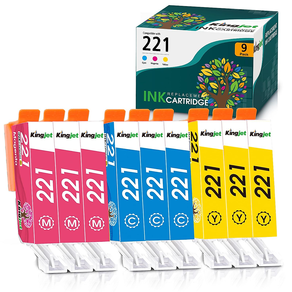 Kingjet Compatible Ink Cartridge Replacement for Canon 221 CLI-221 Work with Pixma IP3600 IP4600 IP4700 MX860 MX870 MP560 MP620 MP620B MP640 MP980 MP990, 9 Pack, (CLI221 Ink: 3C 3M 3Y)