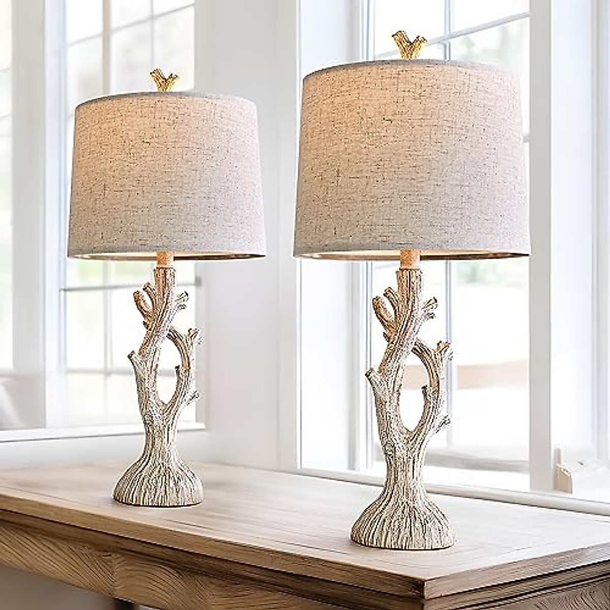 OYEARS 26.25" Farmhouse Table Lamp Set of 2 for Living Room Bedroom Resin Bedside Tree Lamp Nightstand End Table Lamps Vintage Natural Style（Brown）