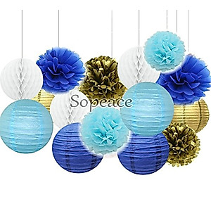 Sopeace Mixed Gold Navy Gold Blues Party Decoration Kit Tissue Paper Pom Poms Flowers Paper Lanterns and Star Garland for Birthday,Baby,Bridal Shower,Room decor &Themed Party Decoration Favor