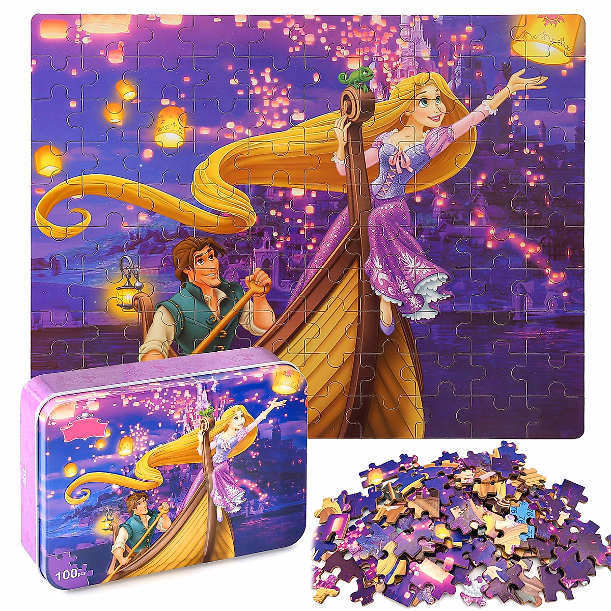 LELEMON Princess Puzzles in a Metal Box 100 Piece Long Hairs Princess Jigsaw Puzzle for Kids Ages 4-8 Children Learning Educational Puzzles Toys
