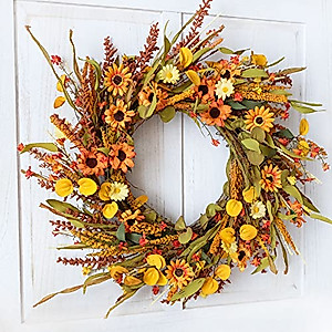 idyllic 20 Inches Harvest Wreath, Yellow and Orange Daisies Flowers, Ear of Wheat, Green and Spring Leaves Wreath for Front Door