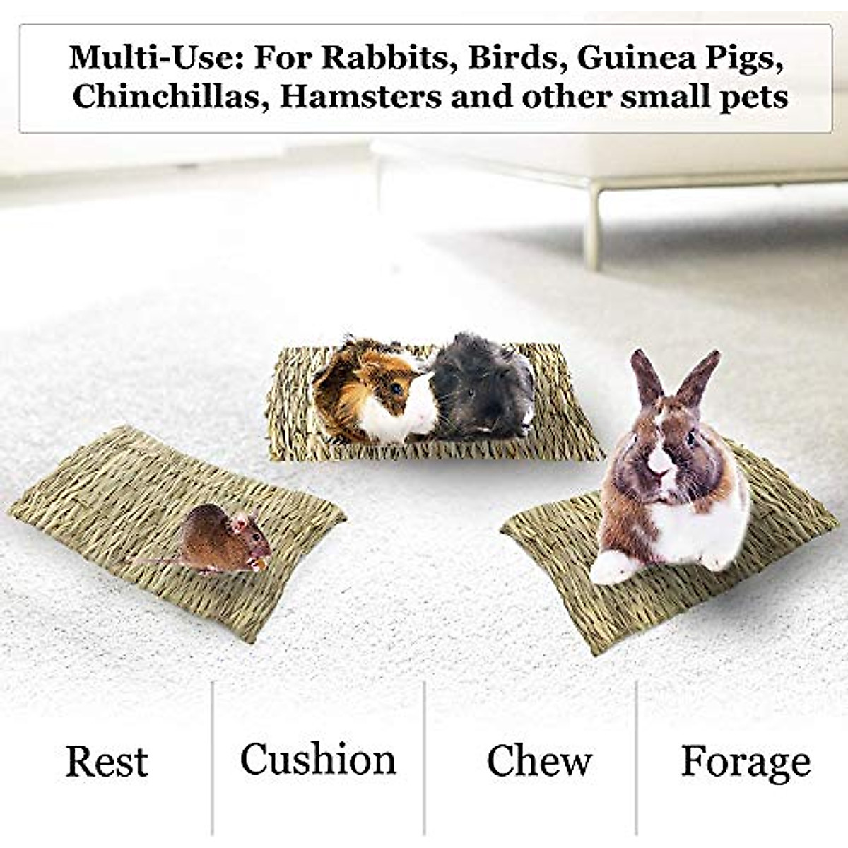 SunGrow Chinchilla Grass Mat, 8” x 11”, Bunny Foraging Straw Bedding Floor Mat for Rabbit Cages and Nesting Box Sleeping, Chew Toy Bed for Guinea Pig, Squirrel, Hamster, Cat and Small Animal