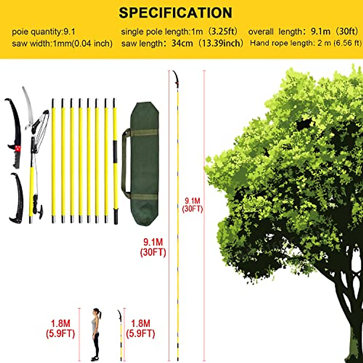 27 Feet Tree Pole Pruner, 2023 Upgraded Gear Manual Branches Trimmer for Garden Tools Loppers Hand Pole Saws Extendable Height with Knives and Storage Pocket