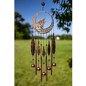 VP Home 27.5" H Rustic Copper Tribal Wolf Dream Catcher Wind Chimes for Outside Unique Dreamcatcher Wolf Windchimes Outdoor Decoration Garden Decor Wolf Wind Chime Gift for Women, Mom, Grandma, Unisex