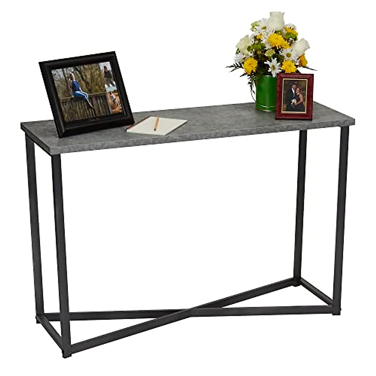 Household Essentials Jamestown Console Sofa Table Rustic Slate Concrete and Black Metal