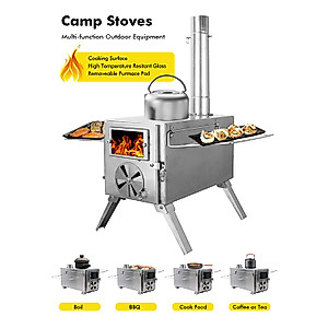 Camping Stove for Hot Tents, LAMA 304 Stainless Steel Wood Burning Stove with Stainless Wall Chimney Pipes for Tents, Shelter, Outdoor Portable Stove for Camping Heating and Cooking