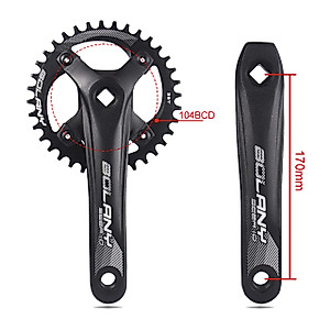 BOLANY MTB 170mm Square Taper Crankset 104BCD Narrow Wide Tooth Chainring with 32T/34T/36T /38T/40T/42T Mountain Bike Single Round Chainring and Crankset (34T)