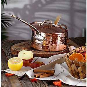 DEMMEX 1mm Thick Hammered Unlined Uncoated Solid Copper Sugar Sauce Zabaglione Pan Candy Jam Caramel Dessert Pot with Lid and Helper Handle, Handmade in Turkey, (1.7-Quart)