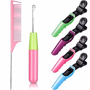 Crochet Hooks Set with Accessories - 6 Hair Needle Hooks, Rat Tail Comb, and 4 Alligator Clips for Hair Braiding, Extensions, and All Ages