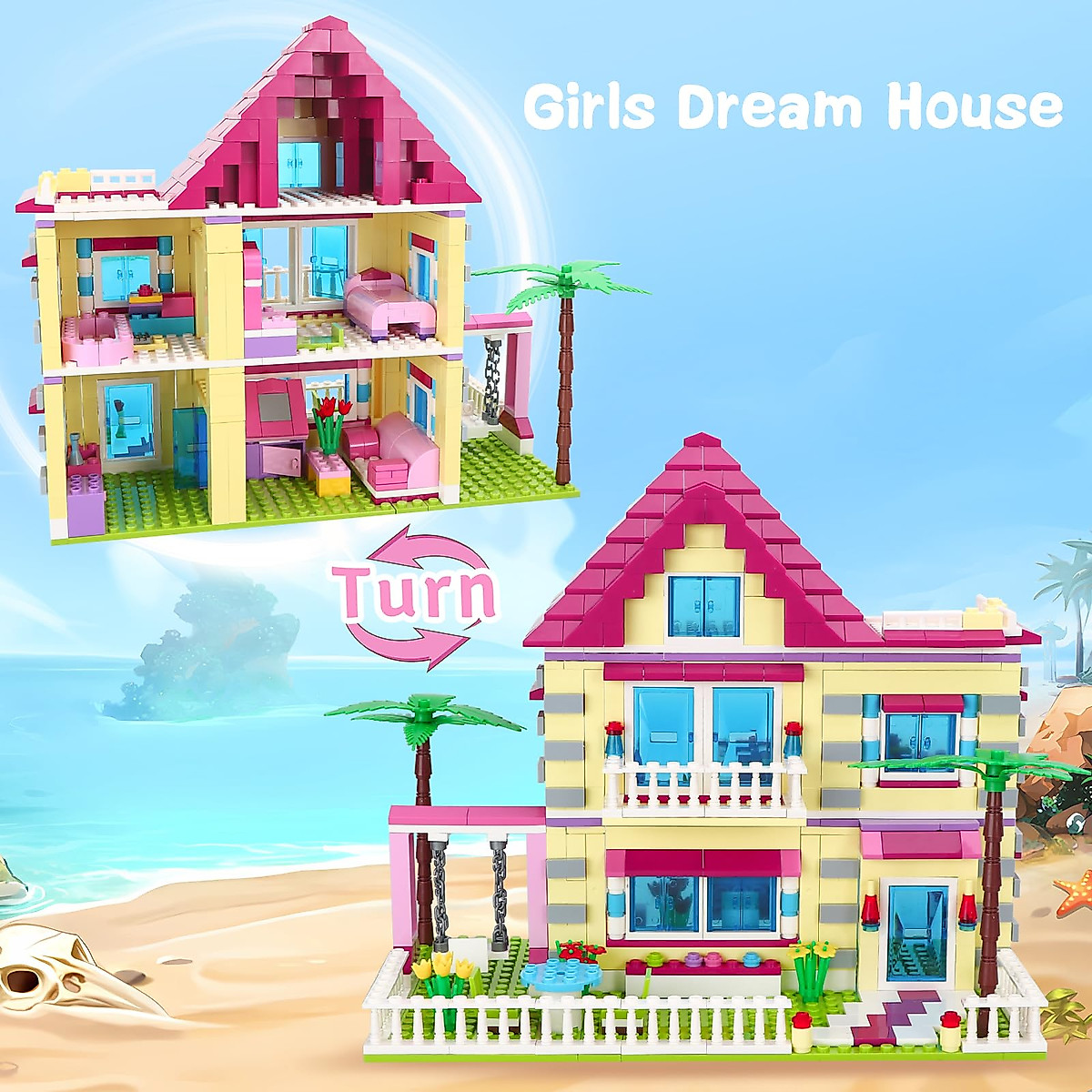 BRICK STORY Girls Friends House Building Kit, 892 PCS Big Villa Building Blocks City Family Beach House Model Toy Set Apartment Room Playset with 4 Mini People and Car for Girls Kids Aged 6 and Up
