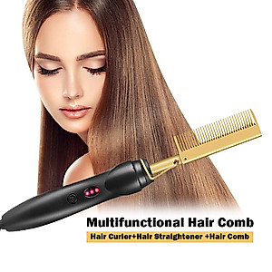 Gold Plated Heated Styling Comb Electric Hot Straightening Heat Pressing Comb Ceramic Curling Flat Iron Curler Designed Hair Straightener Curling Iron for Natural Black Hair,Wigs,Beards (Gold)
