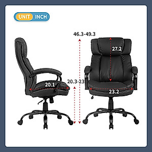 Big and Tall Office Chair 500lbs Wide Seat Ergonomic PU Leather Desk Chair Adjustable Rolling Swivel Executive Computer Chair with Lumbar Support Headrest Task Office Chairs for Heavy People (Black)