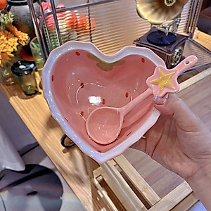 ENPAP Strawberry-shaped heart-shaped ceramic bowl, sturdy salad bowl, for cereals, salads, soups, salads and ceramic lettuce, for oatmeal, ceramic (pink)