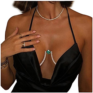 Sexy Rhinestone Chest Bracket Bra Chain Body Jewelry Simple Green Round Crystal Body Chain Rhinestone Underwear Chain Lingerie Chest Chain for Women (Silver)