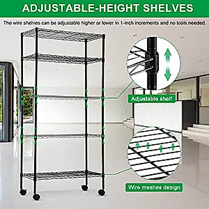 Wire Shelving Unit Storage 5 Tier Metal Shelving Unit NSF Heavy Duty Shelves Height Adjustable Garage Shelving 14" W x 30" L x 60" H with Wheels Large Steel Commercial Shelving Black