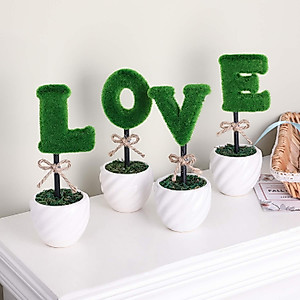 Liry Products Love Letters Decoration White Ceramic Pots Artificial Plants Topiary Set of 4 Faux Bush Planters Tabletop Hedge Sculptures Valentine’s Day Wedding Party Home Office Garden Rustic Modern